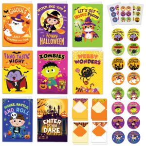 decorably 16 pack halloween cards with envelopes & stickers, 8 designs printed message inside halloween cards for kids, 5x7in halloween cards and envelopes for kids, halloween greeting cards for kids