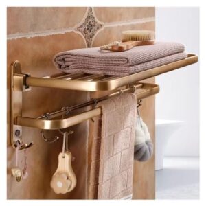 bathroom towel rack wall mounted towel holder bar foldable towel shelf with movable towel hooks rustproof aluminium bath kitchen towel holder brushed bronze finish towel hanger hardware accessories (