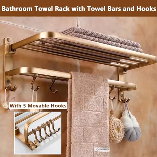 Bathroom Towel Rack Wall Mounted Towel Holder Bar Foldable Towel Shelf with Movable Towel Hooks Rustproof Aluminium Bath Kitchen Towel Holder Brushed Bronze Finish Towel Hanger Hardware Accessories (