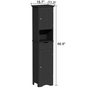 ChooChoo 67" Tall Bathroom Storage Cabinet Freestanding with Adjustable Shelves, Narrow Storage Linen Cabinet with 2 Doors and 1 Drawers for Bathroom, Living Room, Kitchen, Black