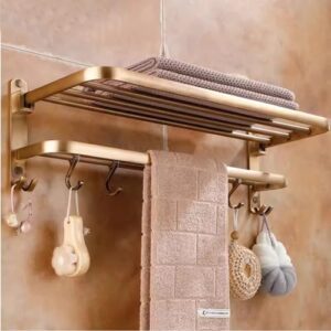 Bathroom Towel Rack Wall Mounted Towel Holder Bar Foldable Towel Shelf with Movable Towel Hooks Rustproof Aluminium Bath Kitchen Towel Holder Brushed Bronze Finish Towel Hanger Hardware Accessories (