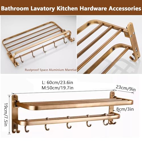 Bathroom Towel Rack Wall Mounted Towel Holder Bar Foldable Towel Shelf with Movable Towel Hooks Rustproof Aluminium Bath Kitchen Towel Holder Brushed Bronze Finish Towel Hanger Hardware Accessories (