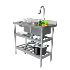 qian kun industrial grade left-hand utility sink station with 304 stainless steel double bowl - 39.3x19.7x35.4inch - nsf certified - ideal for outdoor, commercial, garage, and kitchen use