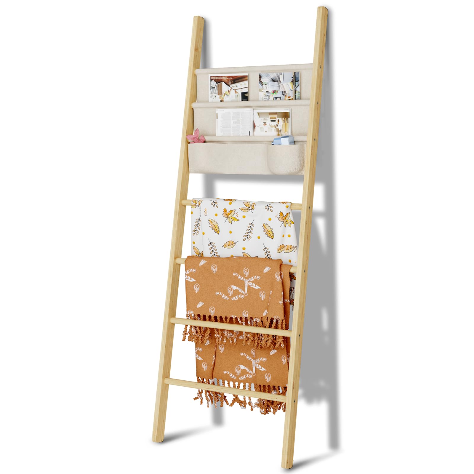 Delywh Wooden Blanket Ladder, Wood Towel Throw Blanket Ladders for The Living Room, Bedroom, Nursery, Farmhouse Decorative Ladders for Home Decor Blankets Holder Rack Display, Nature Wood