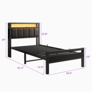 HOJINLINERO Twin Bed Frame with Charging Station & LED Lights,Storage Upholstered Headboard,Metal Bed Frame Twin Size Bed Frames No Box Spring Needed,Mattress Beds Base,Heavy Duty Steel Slats,Black