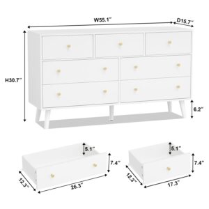 HOUROM White Dresser for Bedroom, Dresser with 7 Drawers, Wood Dressers & Chests of Drawers, Modern Double Dresser with Wide Drawer and Metal Handles