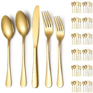 silverware set 60 pieces service for 12, reanea gold flatware set, titanium plating cutlery set include dinner knives, dinner spoons, dinner forks, teaspoons, salad forks, dishwasher safe