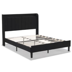 vingli upholstered platform bed queen panel bed frame with headboard, wingback storage bed queen with charging station, velvet black