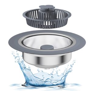 3 in 1 kitchen sink drain strainer, pop up kitchen sink stopper with basket, stainless steel sink strainer kitchen drain plug, anti-clogging, anti-odor, for us standard 3-1/2 inch drain