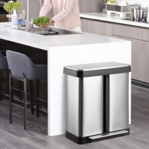 2 x 9.5 Gal (36L+36L) Trash Can, Dual Compartments Garbage Can, Fingerprint Proof Stainless Steel Garbage Can, for Kitchen Home Office Business