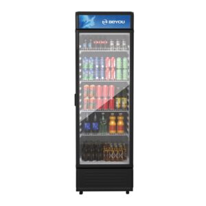 beyou commercial refrigerator, 12.2 cu. ft upright beverage display merchandiser with single glass door, drink cooler for living room,bar,garage（black）