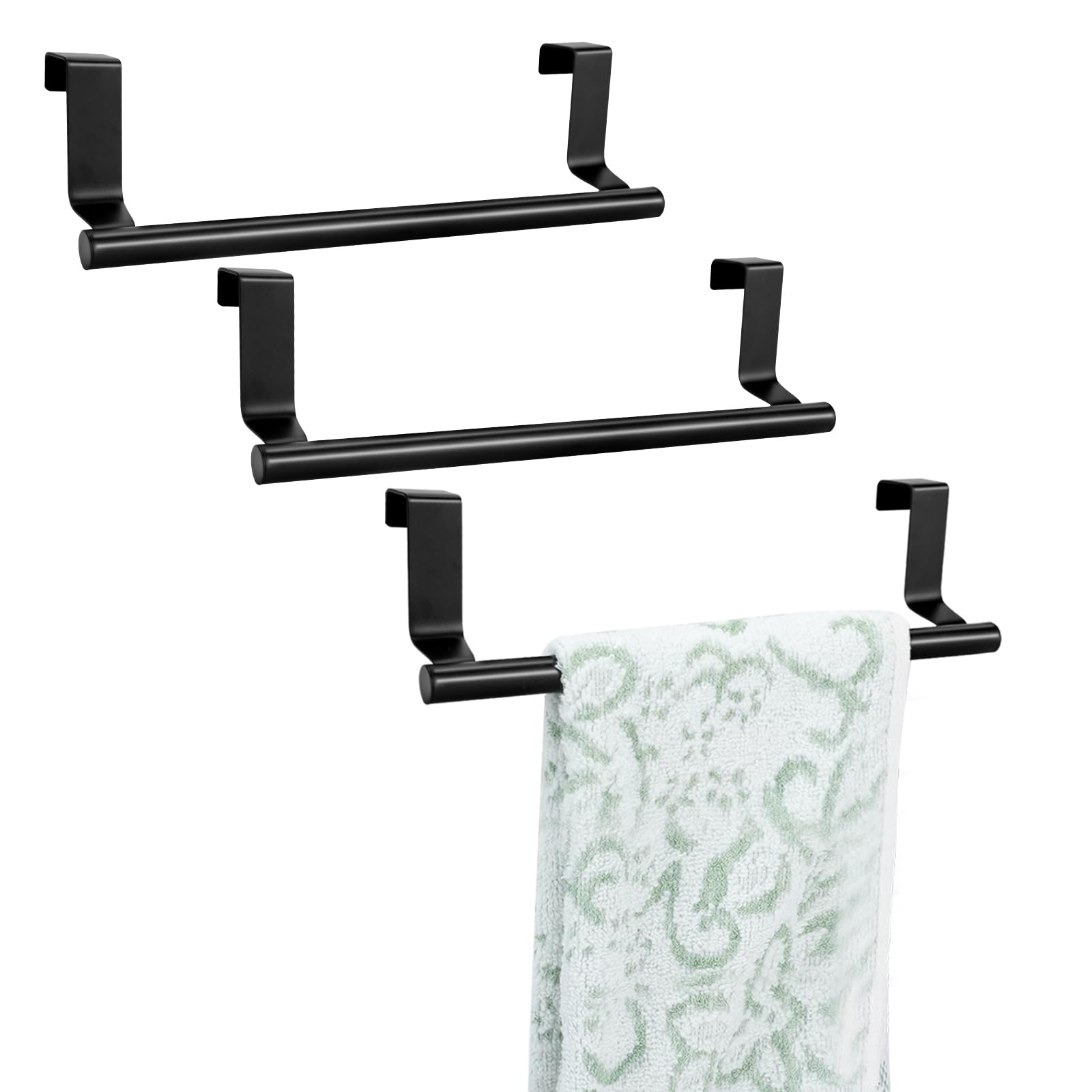 RETON 3 PCS Over Door Towel Rack, 9 Inch Stainless Steel Cabinet Towel Hanger Towel Bar Holders, Kitchen Towel Holder with Anti-Slip Pads, No Drilling (Black)