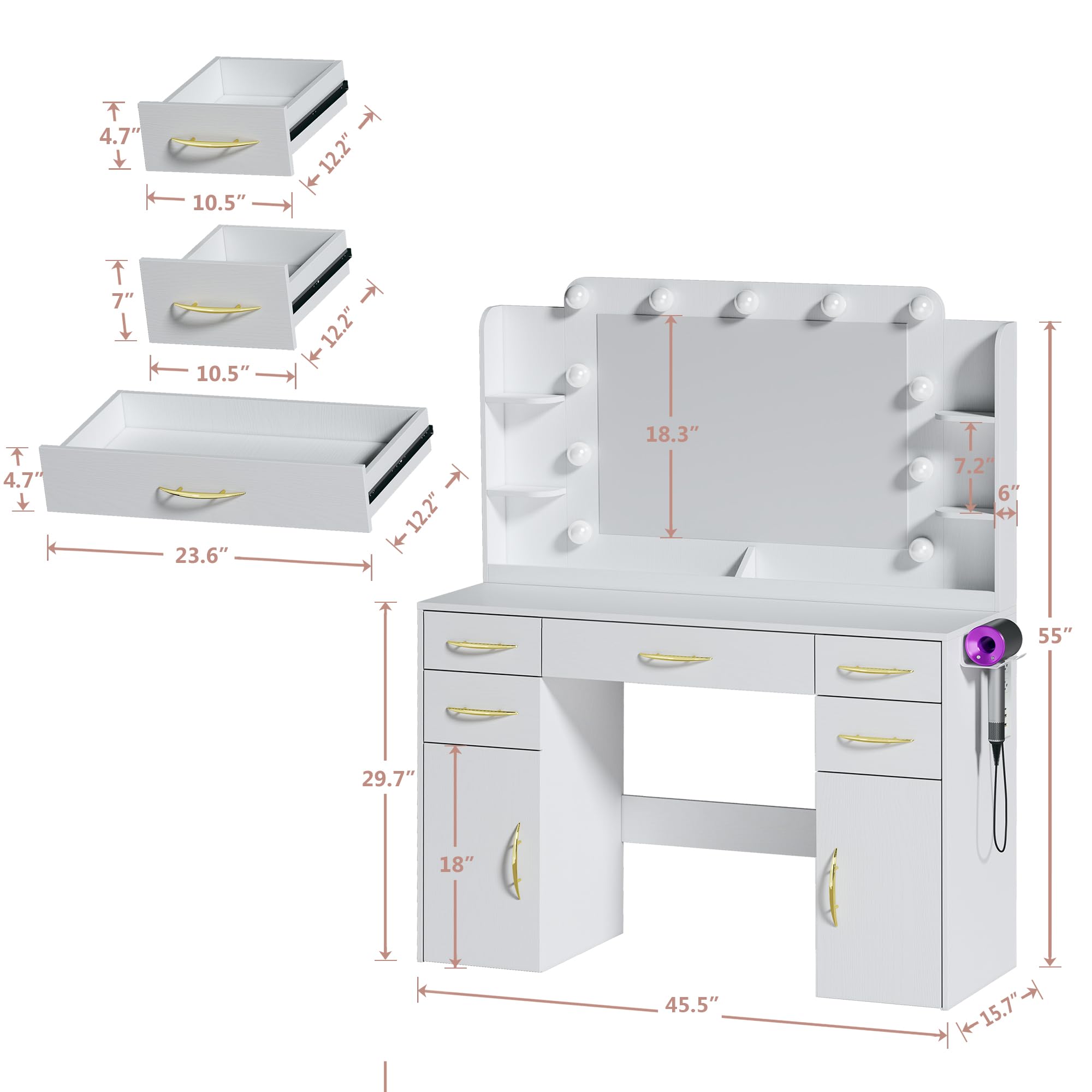 ALEXNUTRE Make up Vanity Desk with Mirror and Lights, Vanity with Lights 3 Models Settings, Vanity with Power Outlet, Vanity Desk with 5 Drawers, 2 Cabinets, Shelves, Makeup Vanity for Bedroom, White