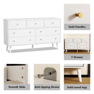 HOUROM White Dresser for Bedroom, Dresser with 7 Drawers, Wood Dressers & Chests of Drawers, Modern Double Dresser with Wide Drawer and Metal Handles