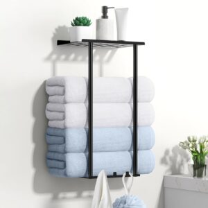 towel racks for bathroom, metal wall mounted towel rack sturdy, towel storage for bathroom rustproof towel holder with hook, lavatory bathroom storage for large towels/rolled towels - black