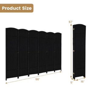 GOFLAME 6 Panel Room Divider, 5.6FT Tall Folding Privacy Screen with Hand-Woven Design & Solid Wood Frame, Freestanding Wall Divider, Room Partition Separator for Home Office, Black