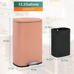 13.2 Gallon(50L) Trash Can, Fingerprint Proof Stainless Steel Kitchen Garbage Can with Removable Inner Bucket and Hinged Lids, Pedal Rubbish Bin for Home Office