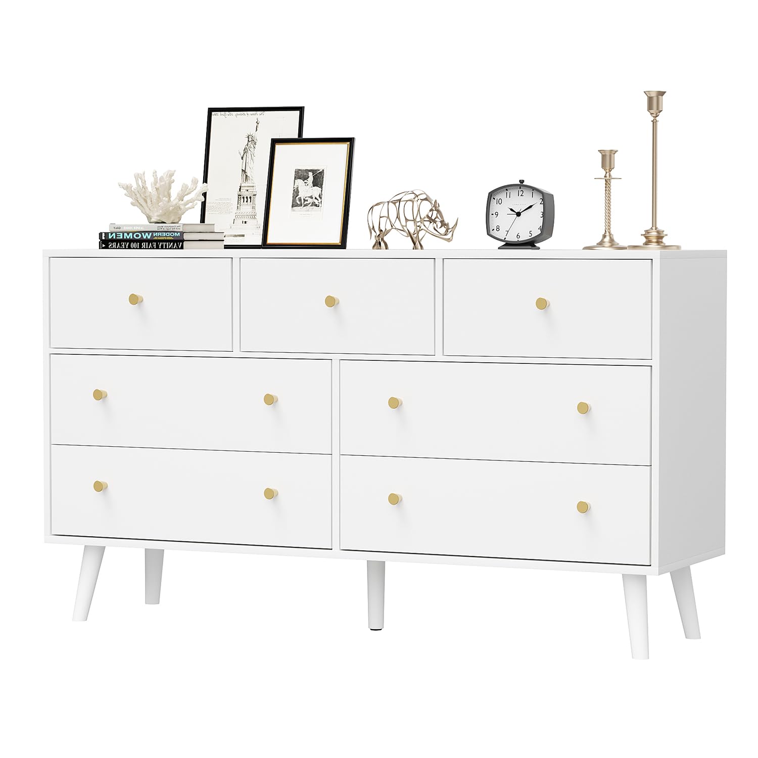 HOUROM White Dresser for Bedroom, Dresser with 7 Drawers, Wood Dressers & Chests of Drawers, Modern Double Dresser with Wide Drawer and Metal Handles