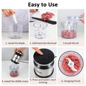 Qinkada Mini Food Processor, 2.5 Cup/ 600 ML Baby Food Maker, 400 W Power Electric Grinder Chopper for Fruit, Vegetable, Meat, Baby Food Puree Blender (Sliver)