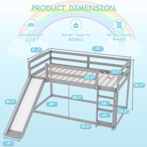 DreamBuck Twin Over Twin Bunk Bed with Convertible Slide and Ladder, Wooden Low Bunk Bed for Kids Teens with Safety Guardrails, Floor Bunk Bed for Boys Girls, Space Saving & Easy Assembly, Grey