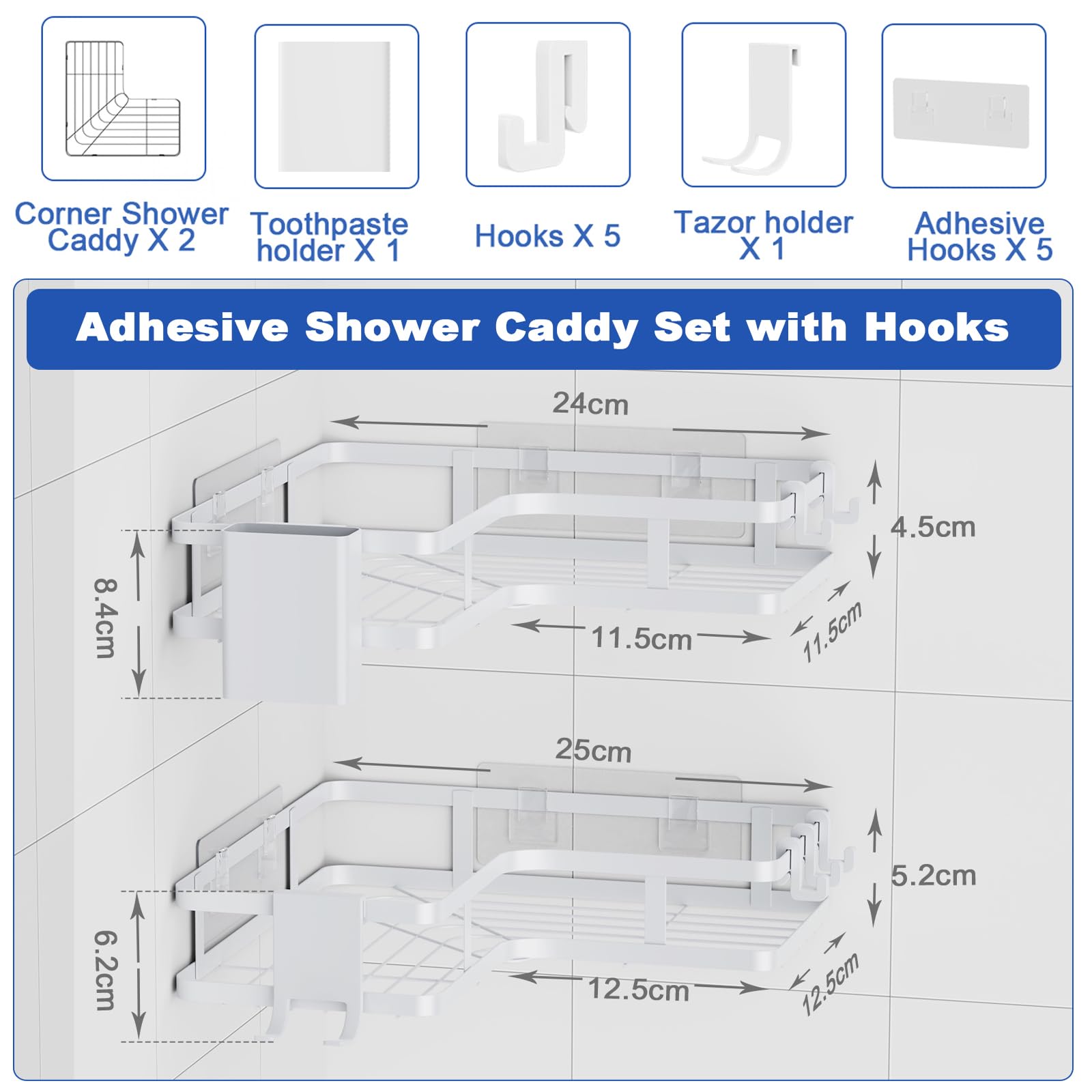 ZUXEFO Corner Shower Caddy Adhesive, Shower Corner Shelves Hanging No Drilling, Wall Mounted Rustproof Bathroom Shampoo Holder Organizer for Inside Shower (Bright White)