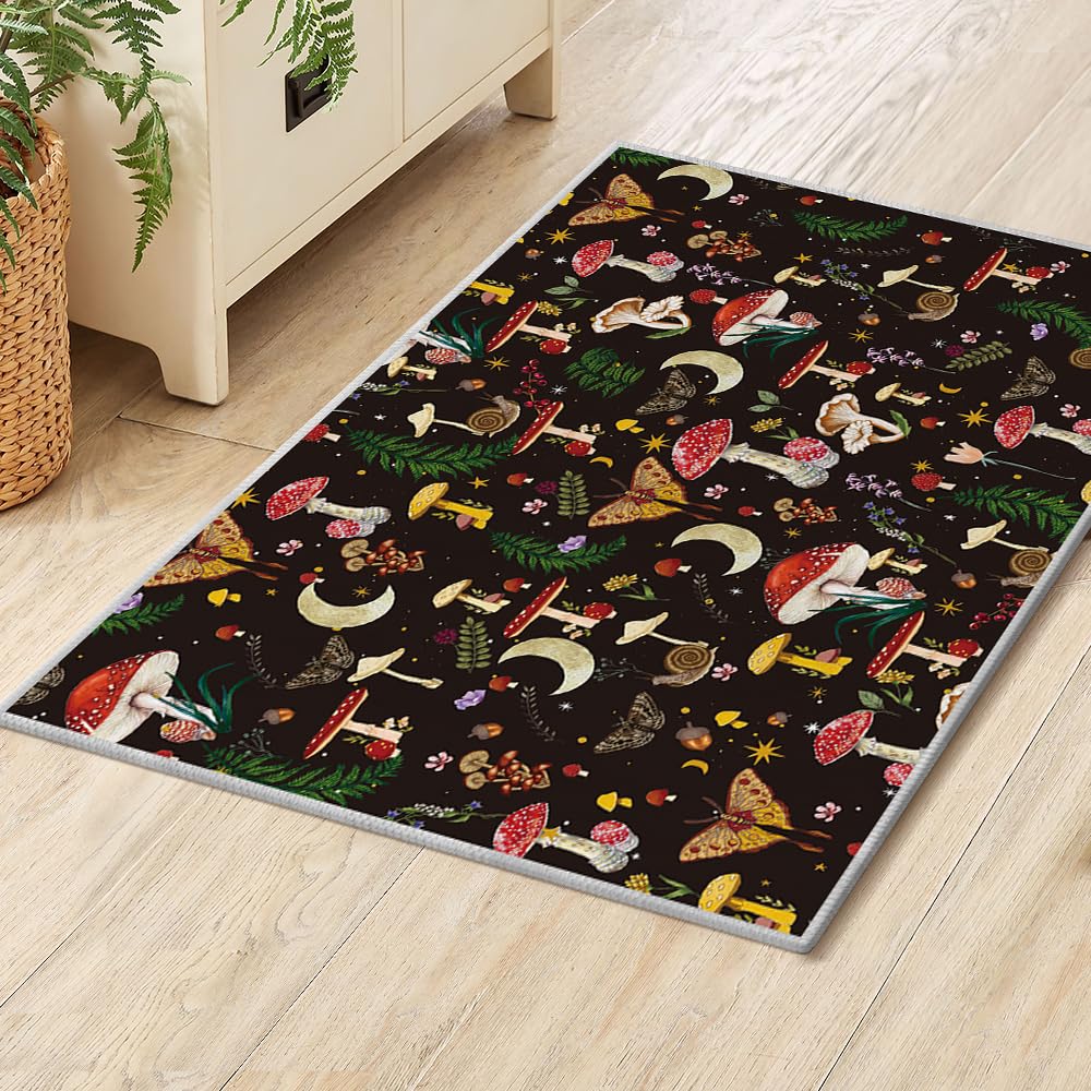 Artoid Mode Black Moth Mushroom Fall Area Rug, Autumn Thanksgiving Bath Rug Home Decor Low-Profile Non-Slip Washable Mat for Entryway Bedroom Bathroom Laundry Room Indoor 2x3 Feet