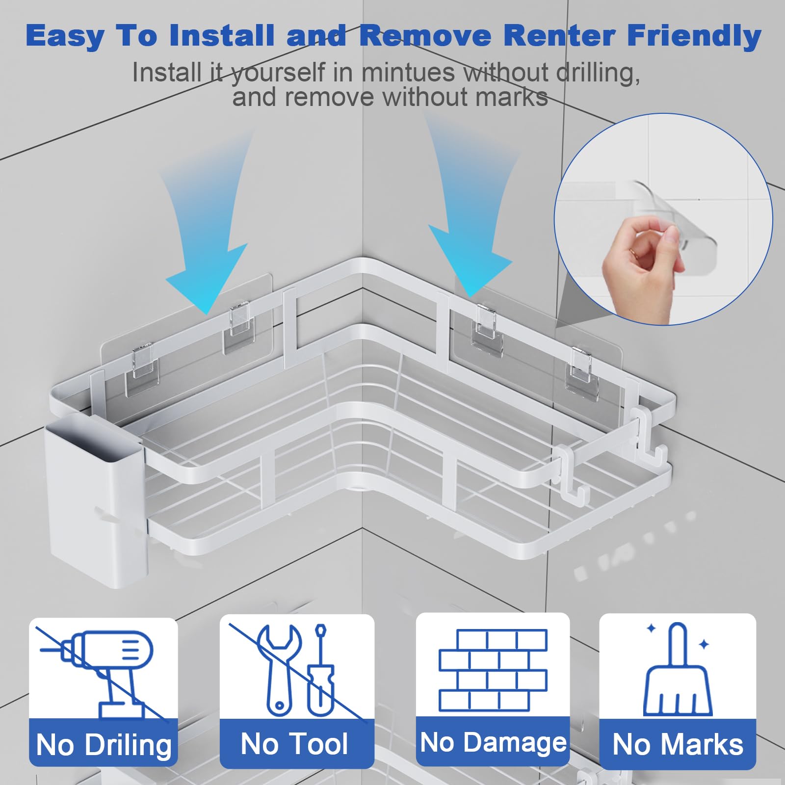 ZUXEFO Corner Shower Caddy Adhesive, Shower Corner Shelves Hanging No Drilling, Wall Mounted Rustproof Bathroom Shampoo Holder Organizer for Inside Shower (Bright White)