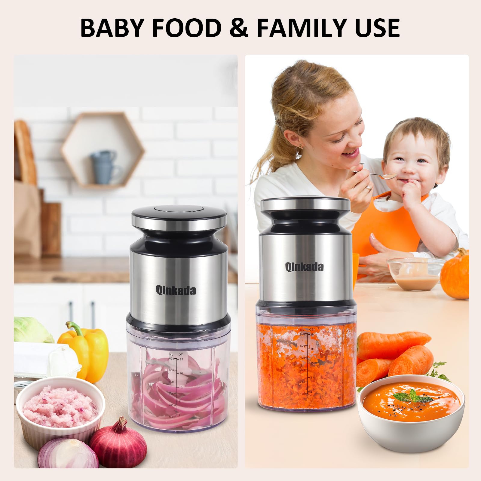 Qinkada Mini Food Processor, 2.5 Cup/ 600 ML Baby Food Maker, 400 W Power Electric Grinder Chopper for Fruit, Vegetable, Meat, Baby Food Puree Blender (Sliver)