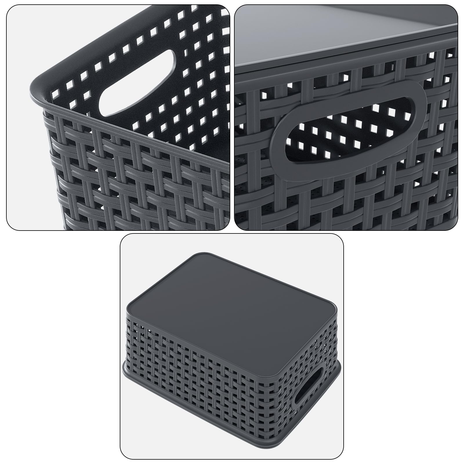 Xyskin 6 Pack Plastic Storage Baskets with Lid, Lidded Organizer Shelf Basket Bin for Shelves Drawers Desktop, Grey