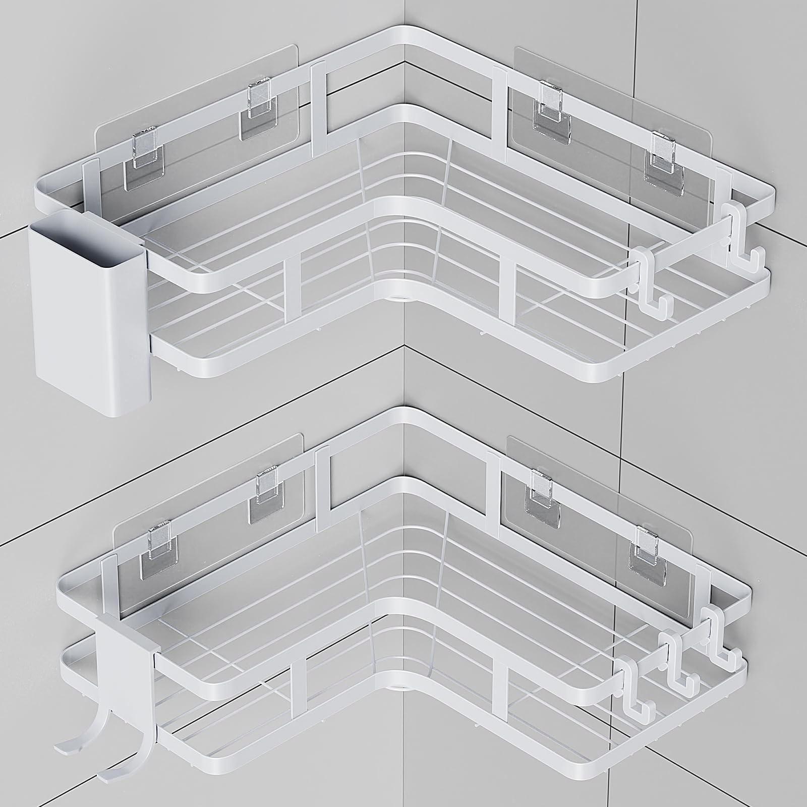 ZUXEFO Corner Shower Caddy Adhesive, Shower Corner Shelves Hanging No Drilling, Wall Mounted Rustproof Bathroom Shampoo Holder Organizer for Inside Shower (Bright White)