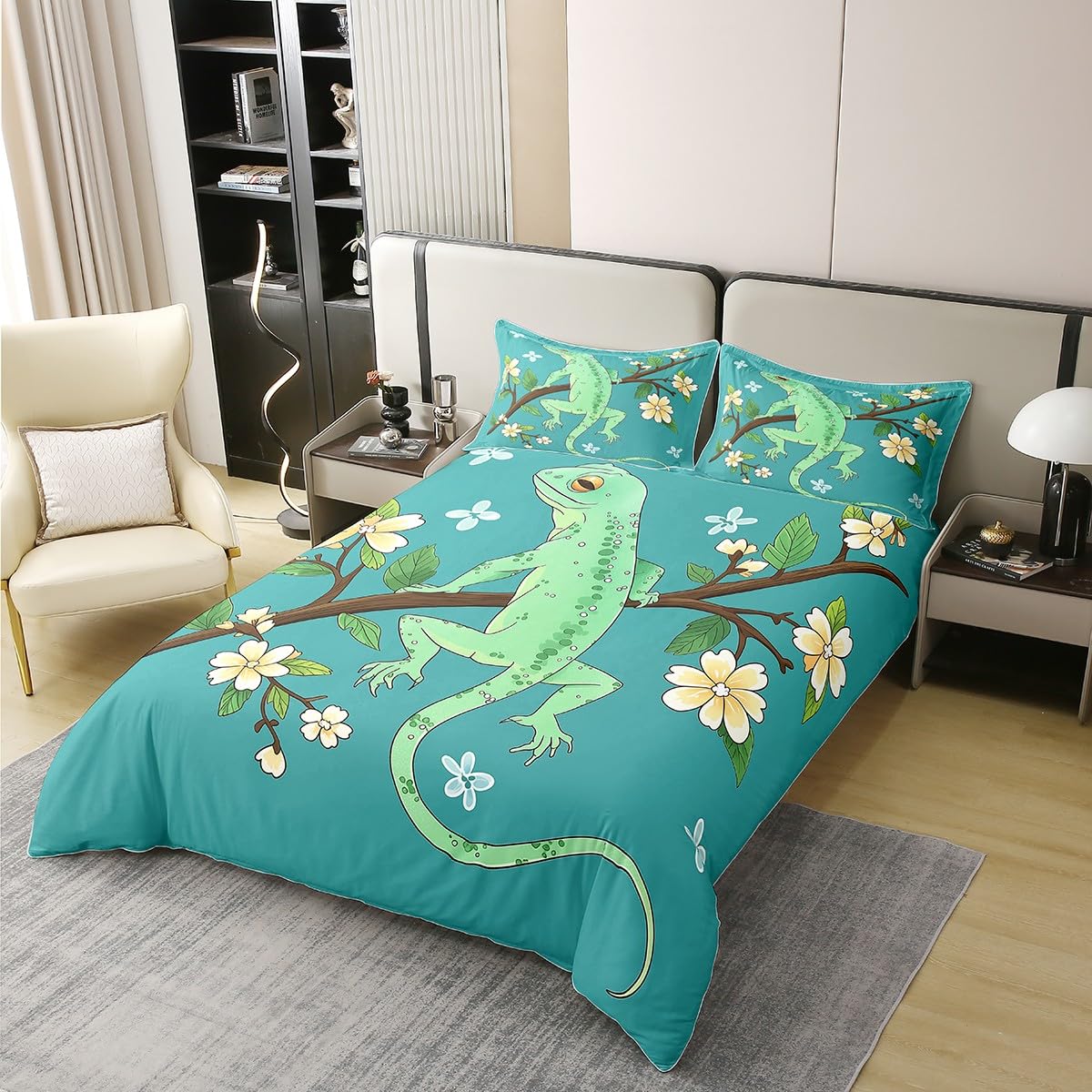 Erosebridal 100% Cotton Kids Funny Lizard Full Duvet Cover for Adult Teens,Teal Blue Chameleon Comforter Cover,Spring Floral Branch Bedding Set,Cartoon Cute Safari Animal Bed Set with 2 Pillowcases