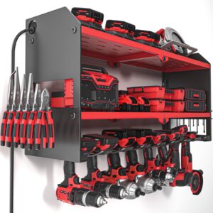 yyr power tool organizer with charging station wall mount, cordless drill and battery holder for garage organization, electric tools storage rack build in surge protection power strip - red shelf