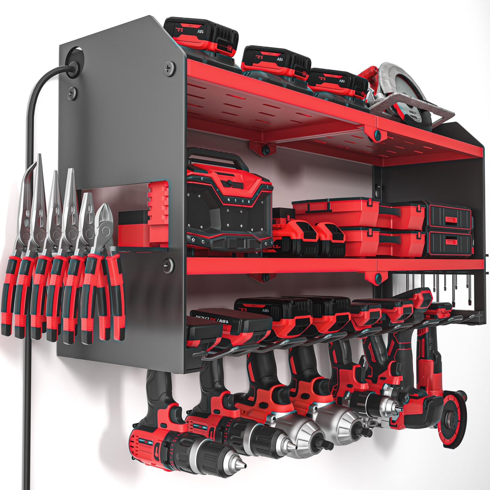 YYR Power Tool Organizer with Charging Station Wall Mount, Cordless Drill and Battery Holder for Garage Organization, Electric Tools Storage Rack Build in Surge Protection Power Strip - Red Shelf