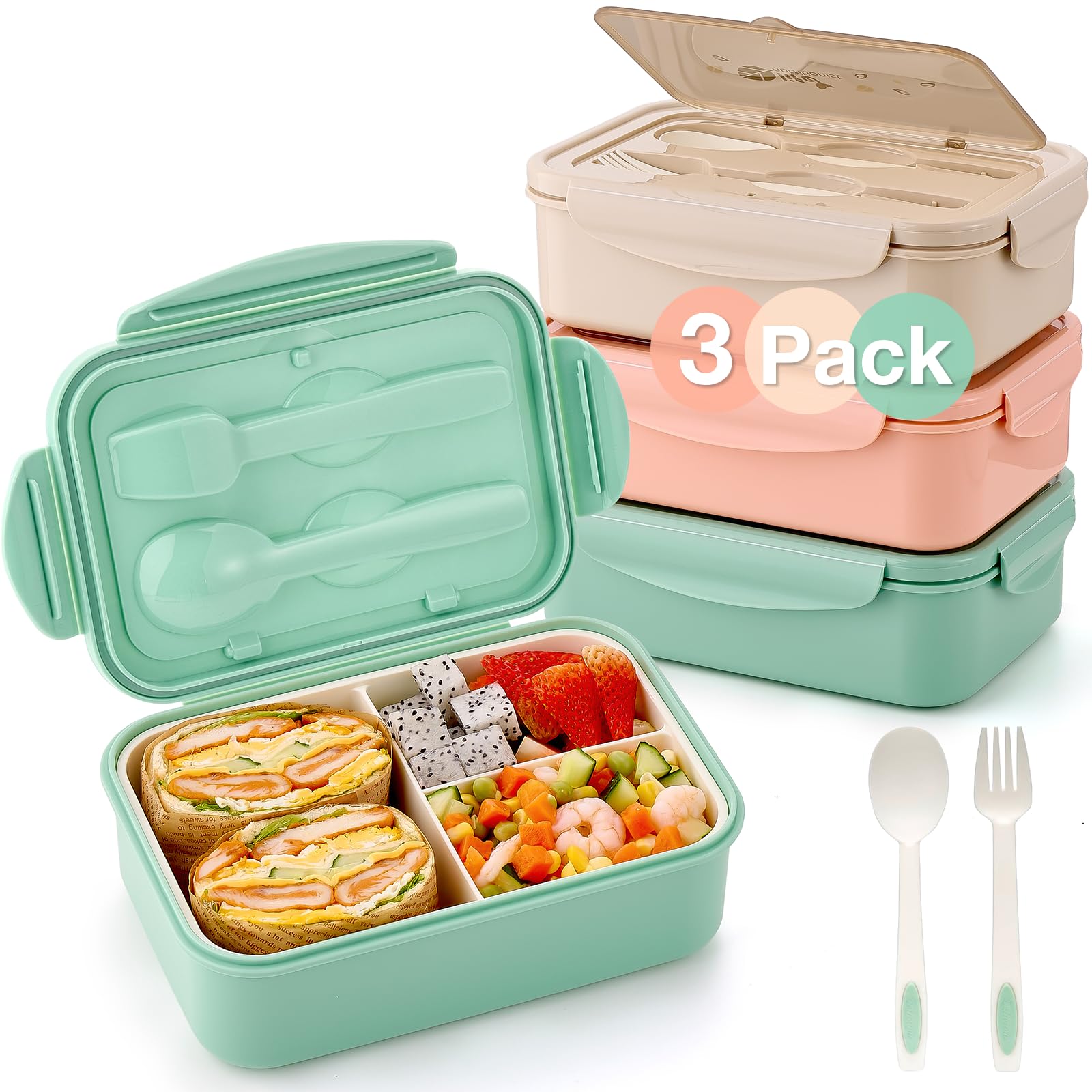 Mfacoy 3 Pack Bento Boxes for Adults/Kids, 1100 ML Bento Lunch Box With Spoon & Fork, Lunch Box Containers, Bento Box for Dining Out, Work, Picnic, BPA-Free, Microwave & Dishwasher Safe