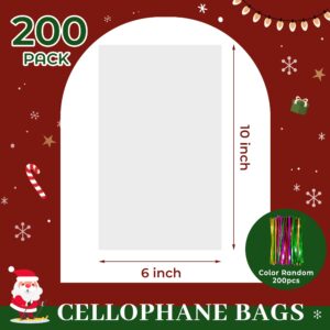 NPLUX 200Pack Cellophane Bags Small Plastic Cookie Bags Clear Treat Bags with Twist Ties for Small Gift Party Favors,Bakery,Candy,Popcorn(6×10In)