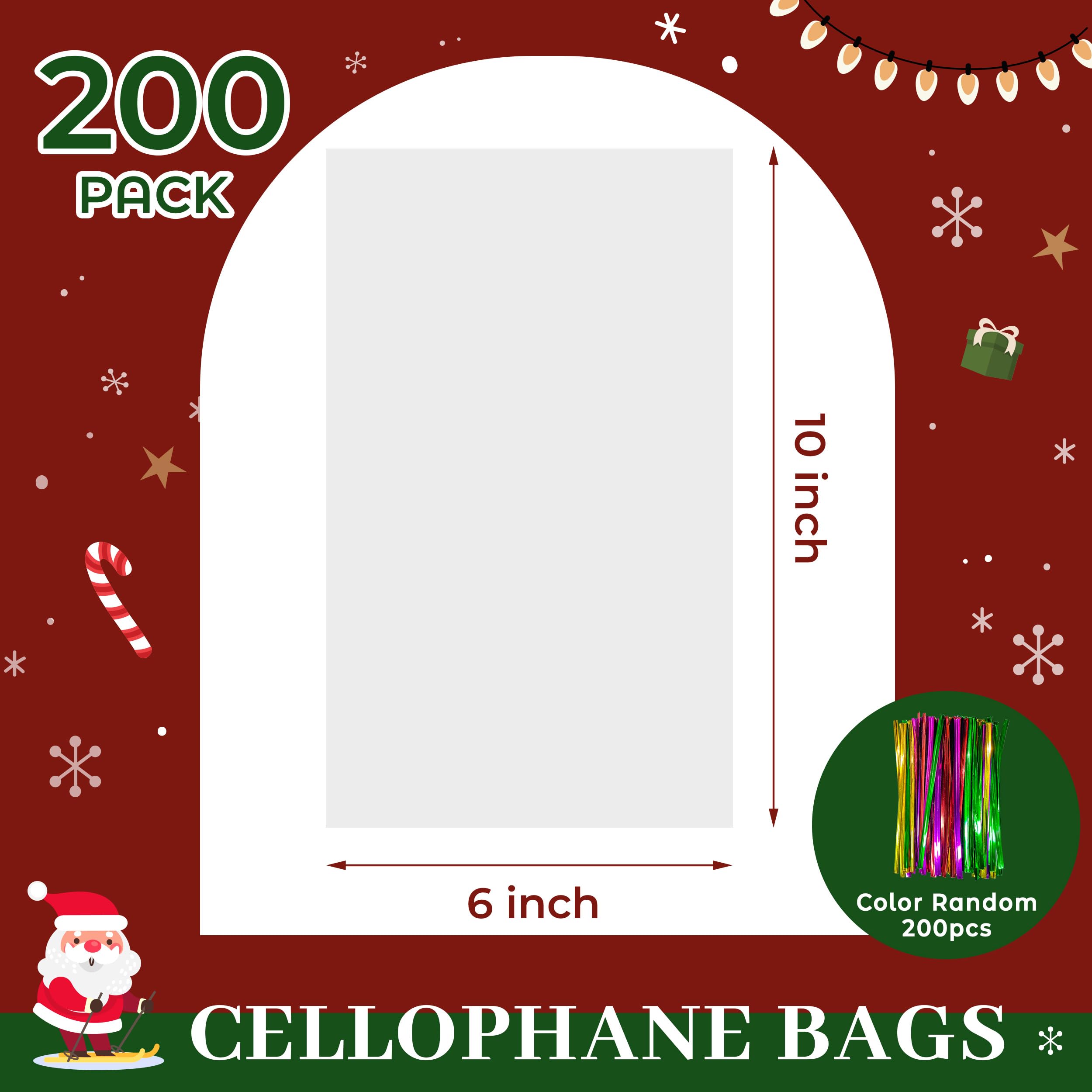 NPLUX 200Pack Cellophane Bags Small Plastic Cookie Bags Clear Treat Bags with Twist Ties for Small Gift Party Favors,Bakery,Candy,Popcorn(6×10In)