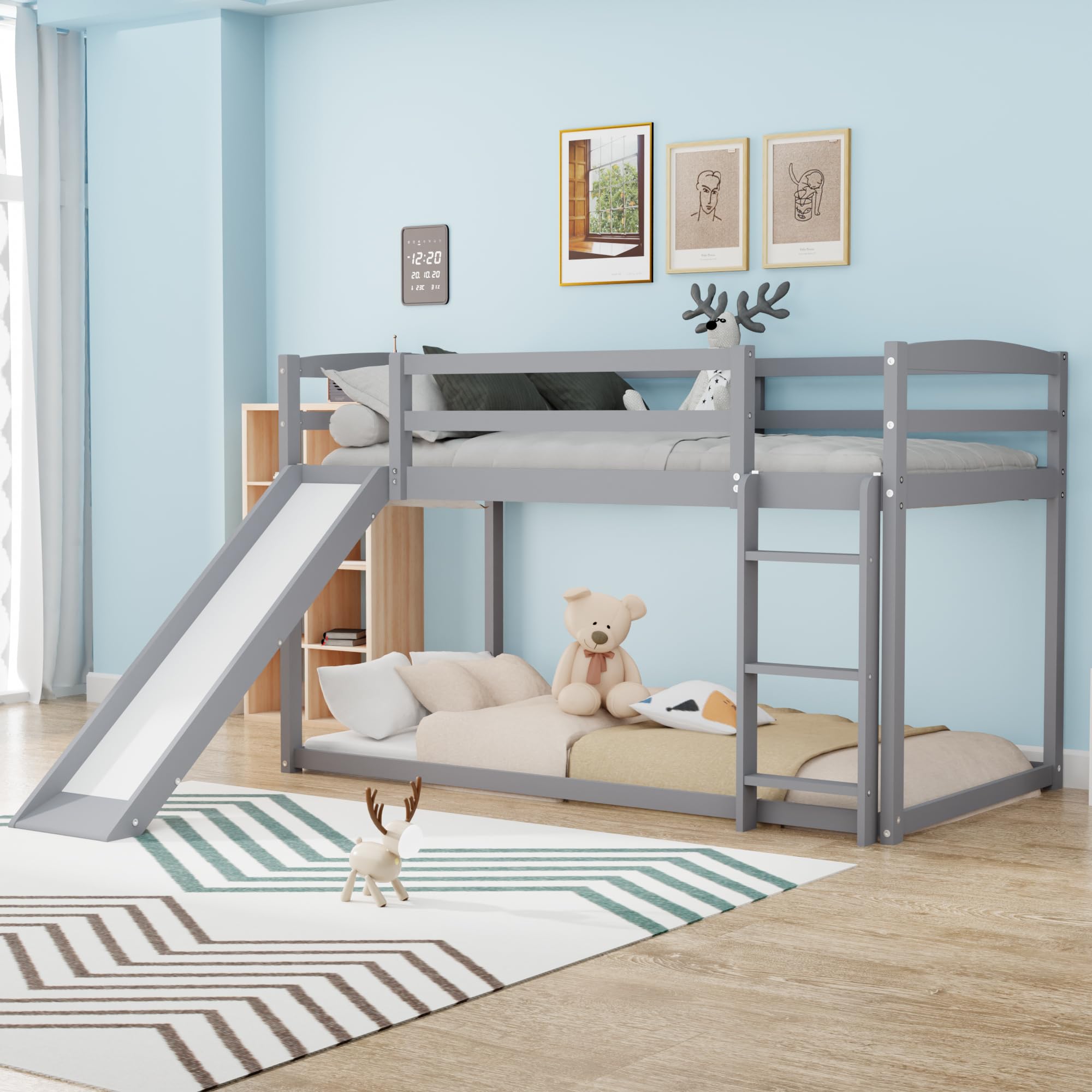 DreamBuck Twin Over Twin Bunk Bed with Convertible Slide and Ladder, Wooden Low Bunk Bed for Kids Teens with Safety Guardrails, Floor Bunk Bed for Boys Girls, Space Saving & Easy Assembly, Grey