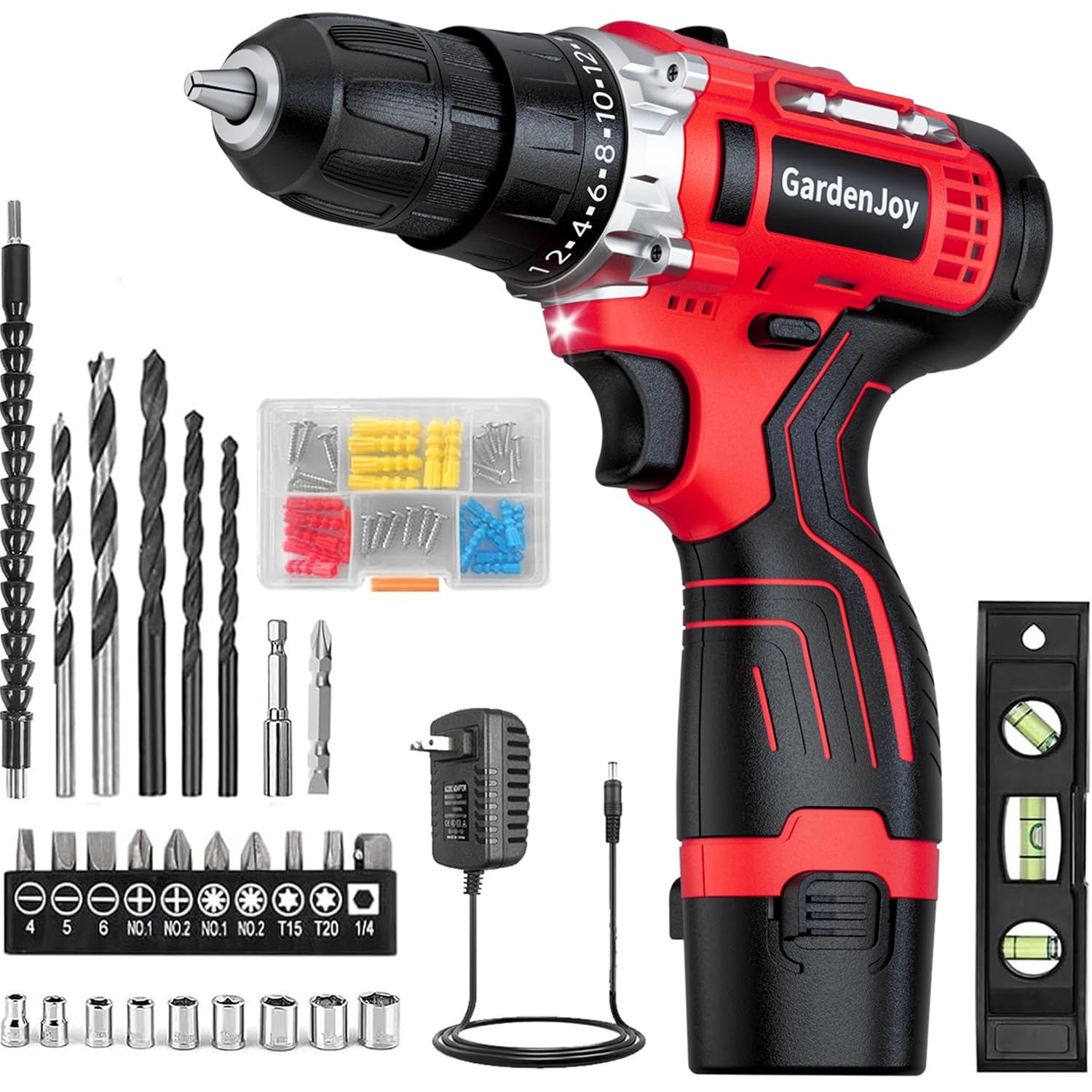 GardenJoy Cordless Power Drill Set: 12V Electric Drill with Battery and Charger, 65pcs Acessories, 3/8"Keyless Chuck, 2 Variable Speed, 24+1 Position, Compact Drill Driver Kit for Home & DIY Project