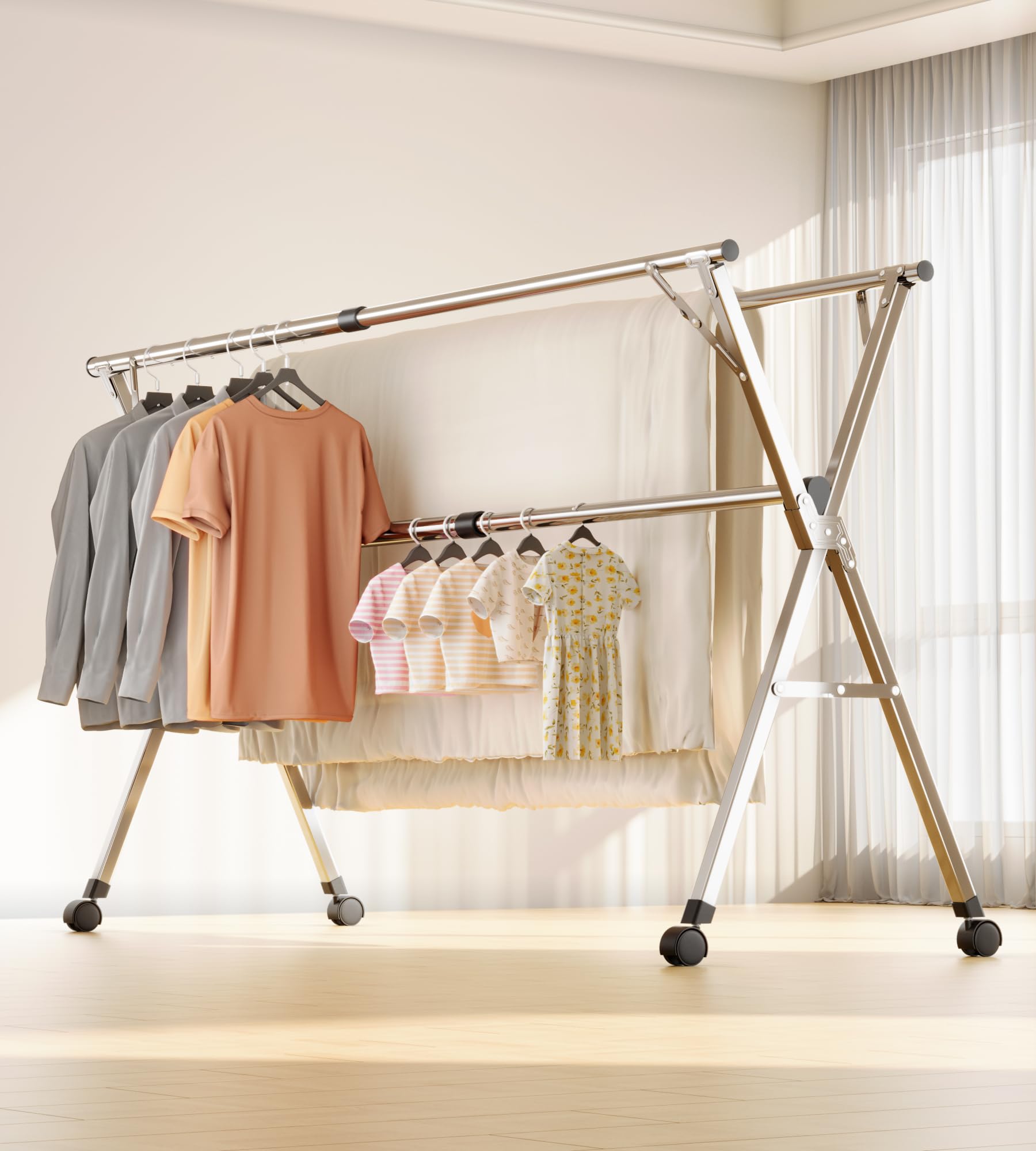 KitchLife Upgraded Clothes Drying Rack with Wheels, No Assembly Required, 63 Inches, Super Heavy Duty 201 Stainless Steel, Adjustable Foldable Laundry Drying Rack