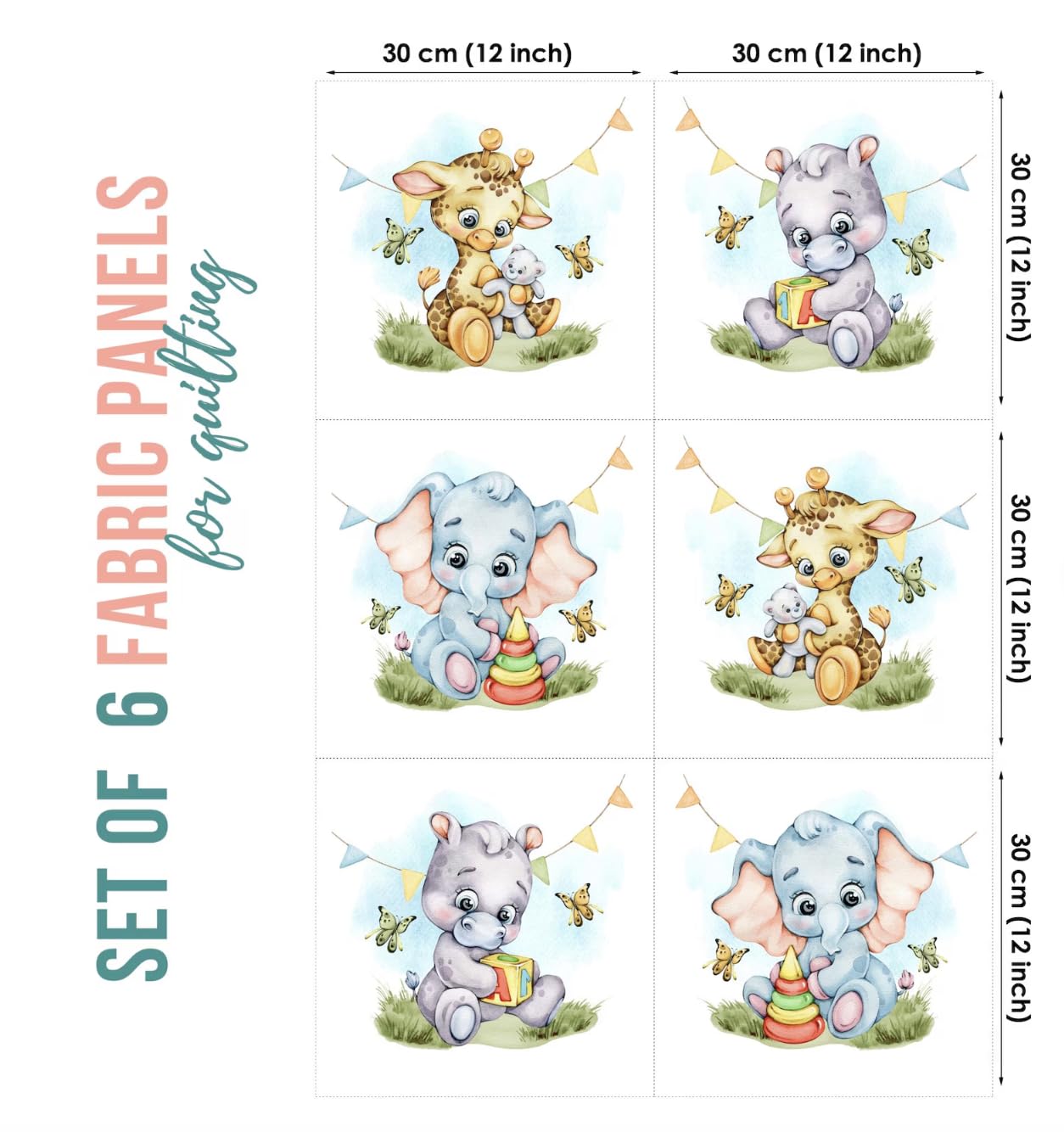 UNIQUE Giraffe Elephant Hippo Fabric Panel Set (6 Panels, 12x12in Each), Quilting Panels, Baby Quilt Panels, Cotton Baby Panels, Blanket Panel, Cotton Fabric Panels for Quilting