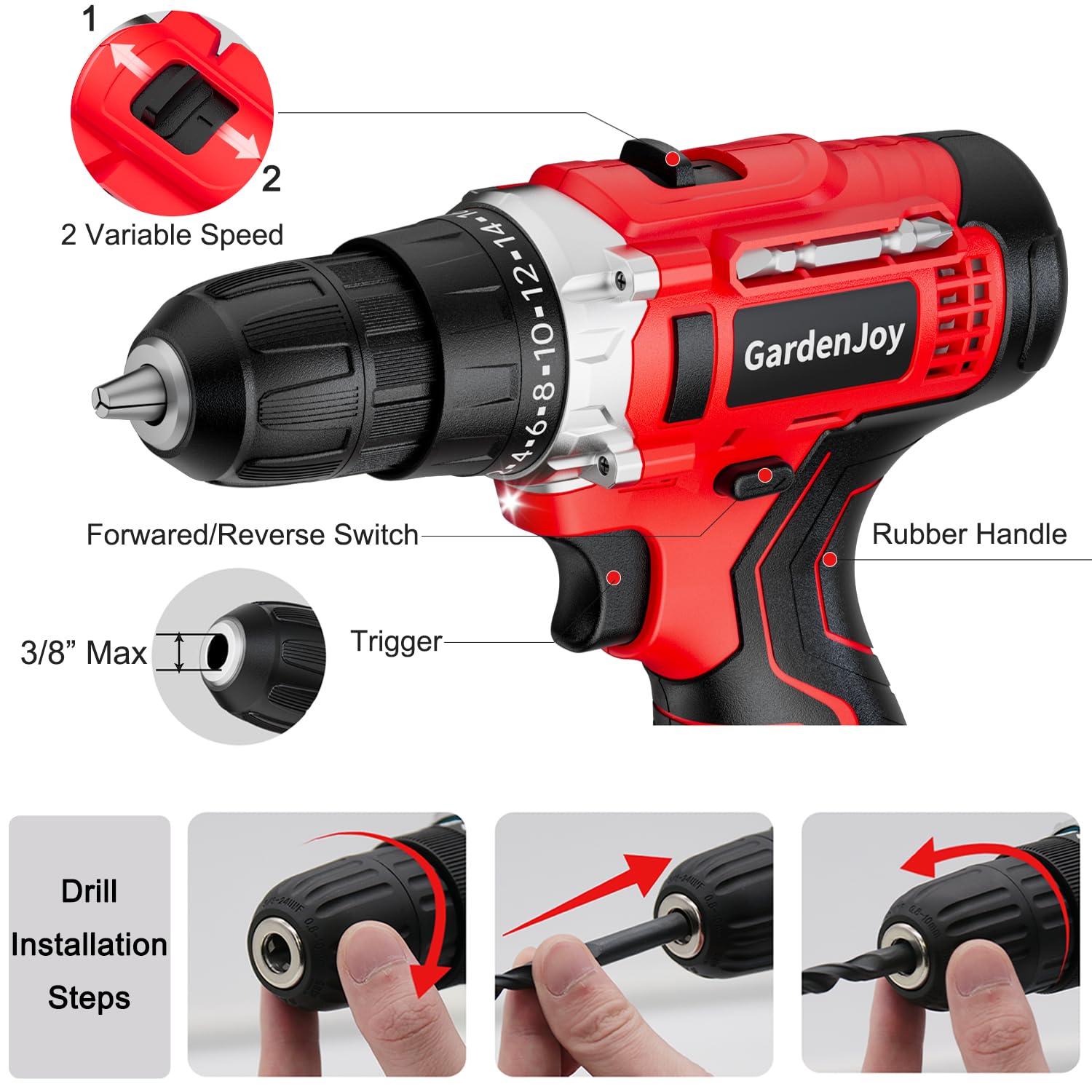 GardenJoy Cordless Power Drill Set: 12V Electric Drill with Battery and Charger, 65pcs Acessories, 3/8"Keyless Chuck, 2 Variable Speed, 24+1 Position, Compact Drill Driver Kit for Home & DIY Project