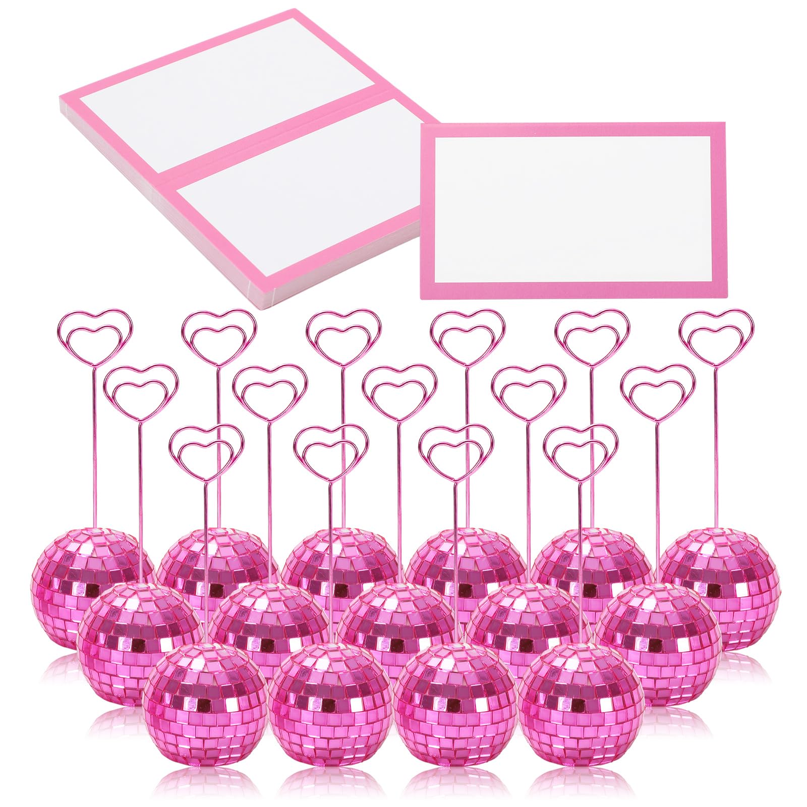 Whaline 60Pcs 2 Inch Disco Ball Table Number Holders Place Cards Set Pink Tented Cards Name Cards Stands with Heart Swirl Wire for Party Table Sign Display Supplies