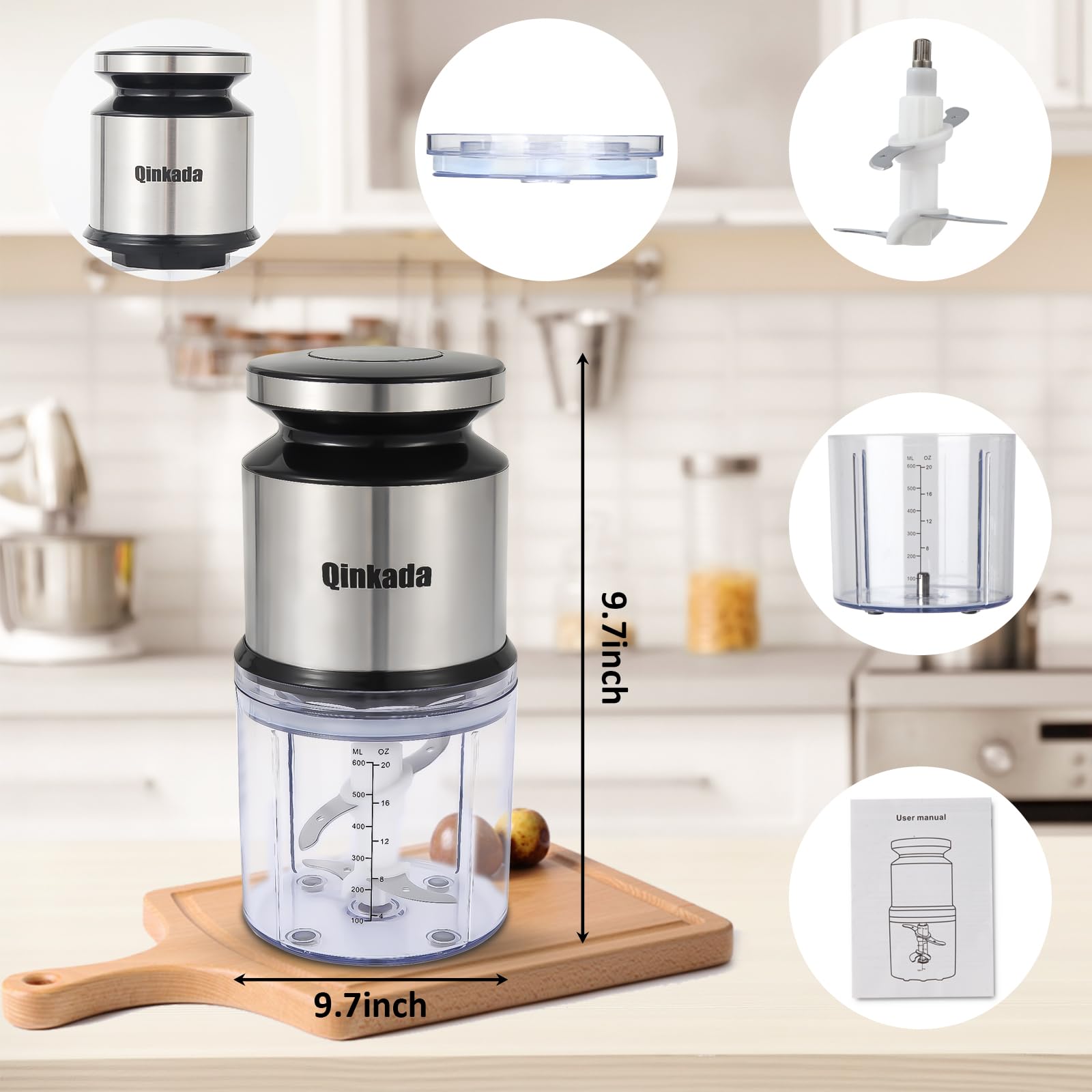 Qinkada Mini Food Processor, 2.5 Cup/ 600 ML Baby Food Maker, 400 W Power Electric Grinder Chopper for Fruit, Vegetable, Meat, Baby Food Puree Blender (Sliver)