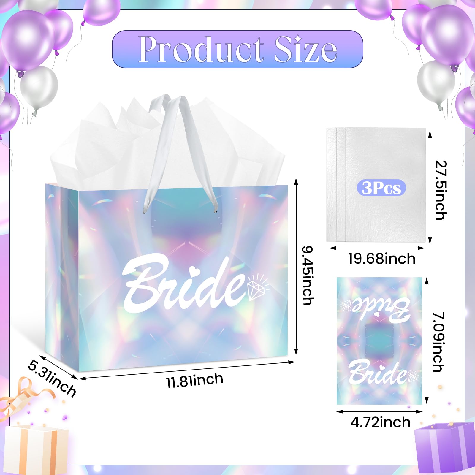 Bride Gift Bag Bridal Shower Gift Bags with Tissue Paper and Greeting Cards Christmas Bride Gift Wrapping Bag Engagement Wedding Shower Gift Bag for Bachelorette Party Anniversary Bride to Be Bags