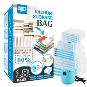 vacuum storage bags with electric air pump,18 pack (4 jumbo,4 large,4 medium,3 small,3 roll up bags) zip seal space saver bag for travel clothes,blanket,duvets,pillows,comforters