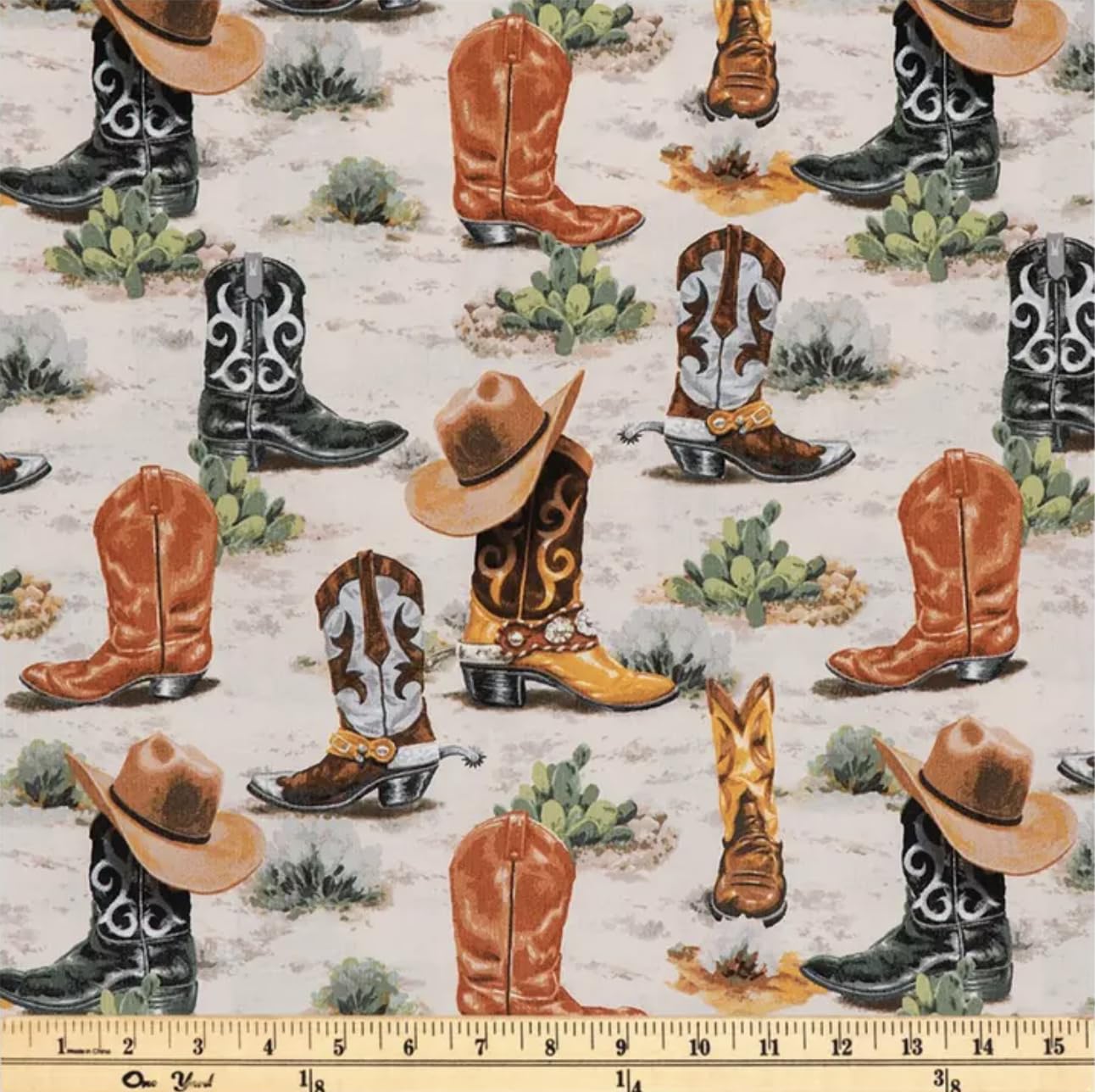 Generic Western Cowboy Boot Calico Cotton Fabric by The Yard - Rodeo Ranch Old West Cowboy Hat Cowboy Boot - Precut Cotton Fabric - One Yard, Brown