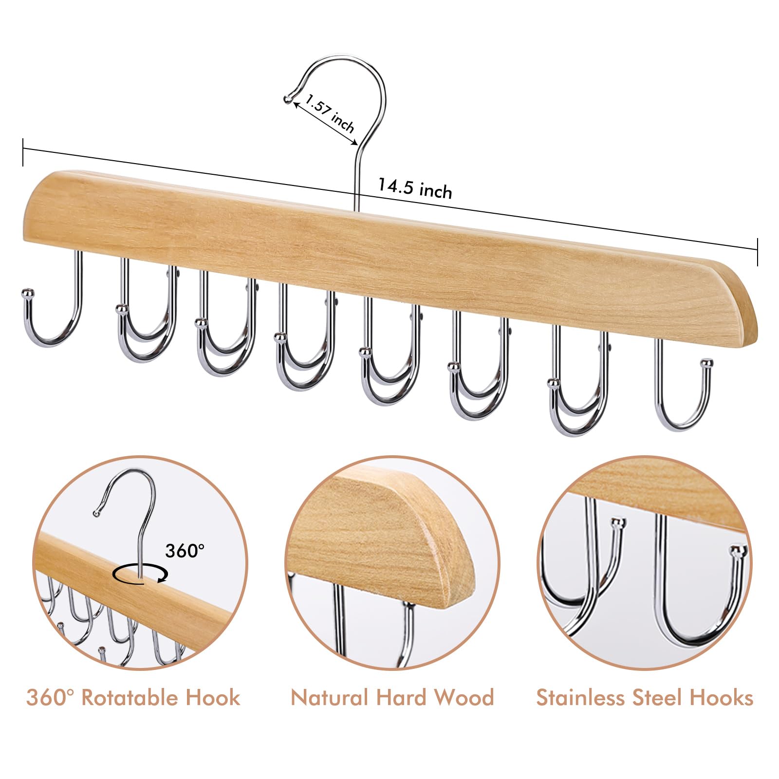 NECAMOCU Belt Hanger, Natural Wooden Belt Organizer for Closet, 360° Rotating Tie & Belt Rack for Storage with 14 Hooks, Sturdy Belt Holder Space Saver for Belt, Tie, Bra, Scarf, Tank Top Accessories