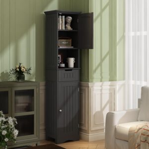 ChooChoo 67" Tall Bathroom Storage Cabinet Freestanding with Adjustable Shelves, Narrow Storage Linen Cabinet with 2 Doors and 1 Drawers for Bathroom, Living Room, Kitchen, Black