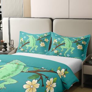 Erosebridal 100% Cotton Kids Funny Lizard Full Duvet Cover for Adult Teens,Teal Blue Chameleon Comforter Cover,Spring Floral Branch Bedding Set,Cartoon Cute Safari Animal Bed Set with 2 Pillowcases