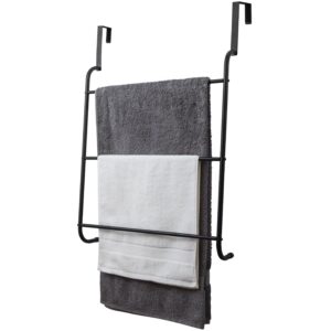 mygift 3 tier modern matte black metal over the door bath towel hanger holder, bathroom laundry room hanging triple bar drying rack for clothing and towels